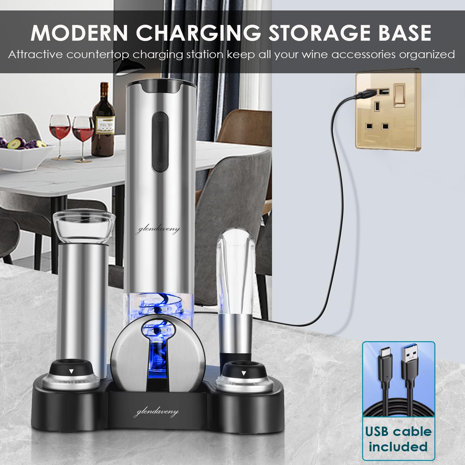 Electric Wine Opener Set with Stand, Wine Gift Set with Rechargeable Wine Opener, Wine Aerator, Foil Cutter, Vacuum Pump and 2 Stoppers, 7-in-1 Wine Bottle Opener Set for Home Party Bar Outdoor Gift