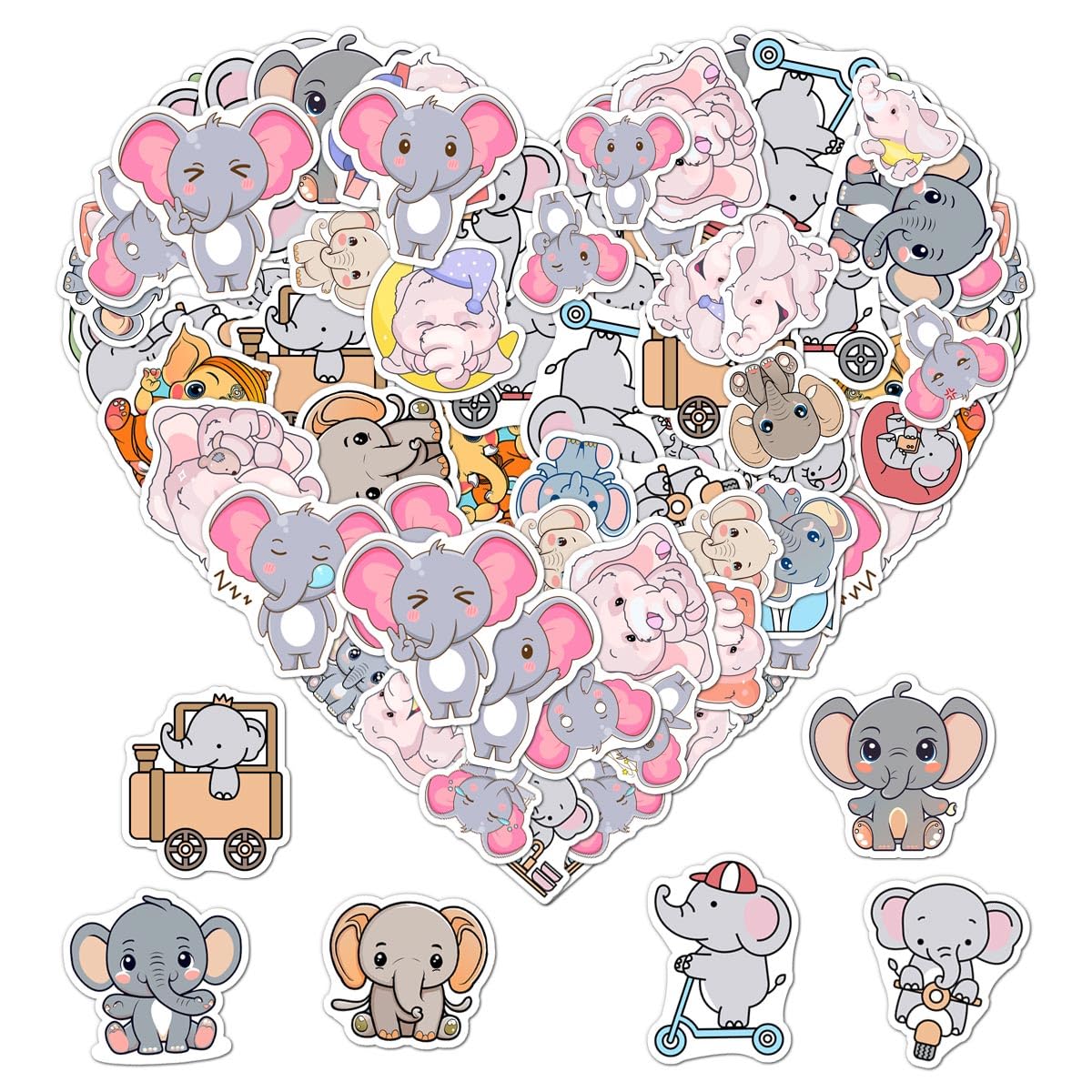 Pack 50 Pcs Cute Animal Elephant Stickers for Water Bottles Waterproof Laptop Luggage Cup Computer Scrapbooking Teens Adults Girls Boys Aesthetic Sticker Packs Small Vinyl Decals