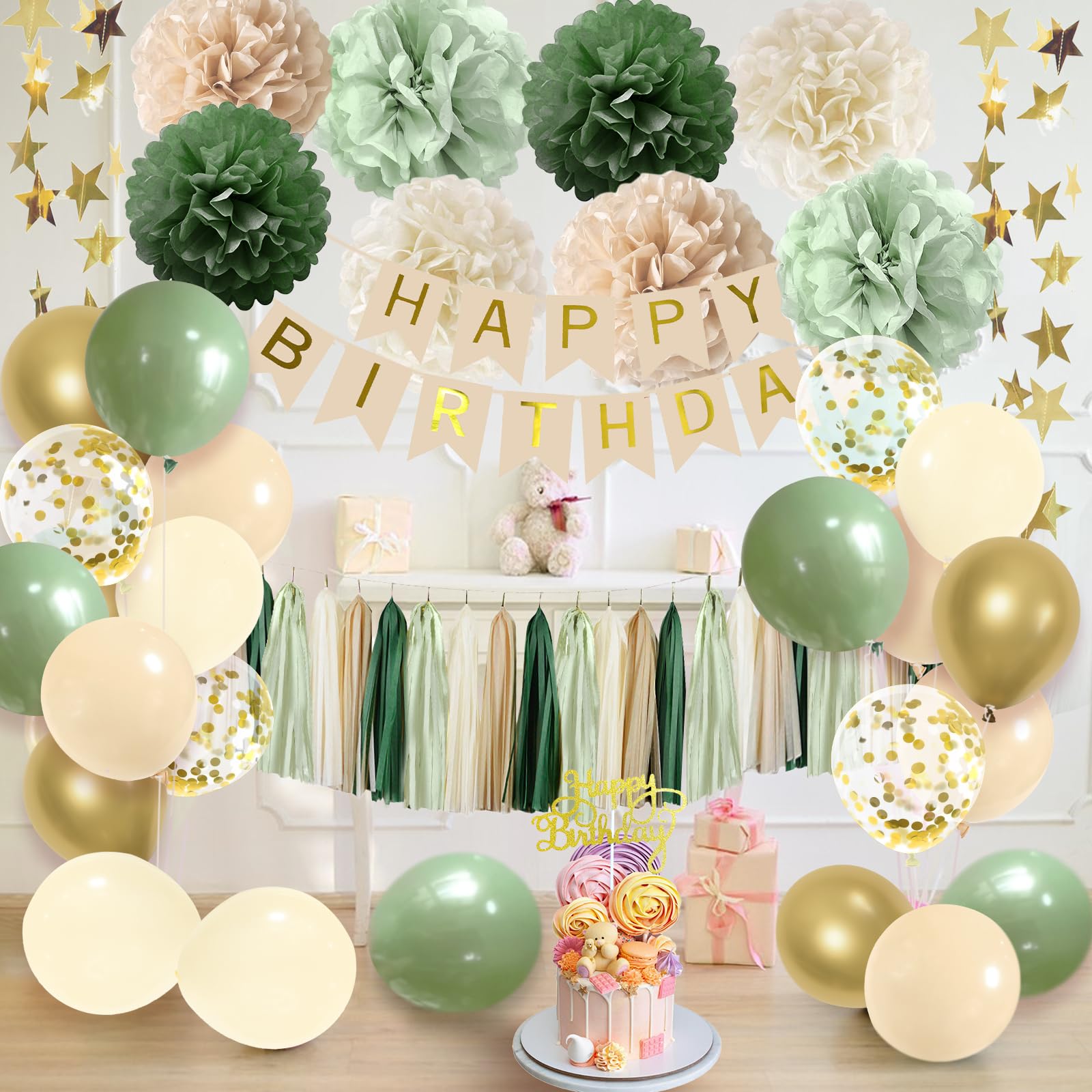 Sage Green Birthday Party Decorations with Birthday Banner,Tissue Tassels Paper Pompoms Balloons Star Garland Cake Topper Birthday Decorations for Women Adults