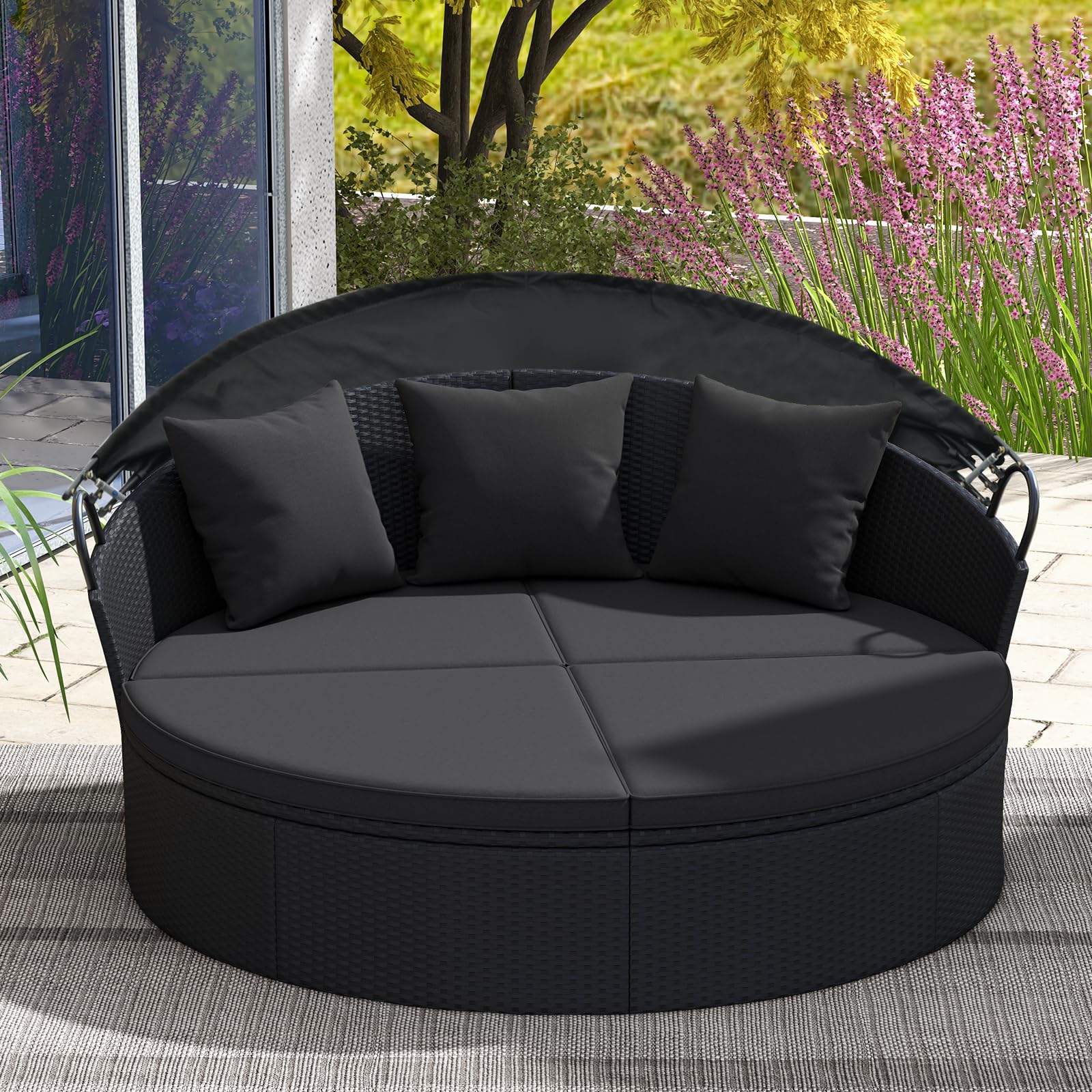 HAPPYGRILL Patio Round Daybed with Retractable Canopy, Separated Seating Sectional Wicker Sofa with Cushions & Pillows, Clamshell Daybed for Backyard Porch Poolside