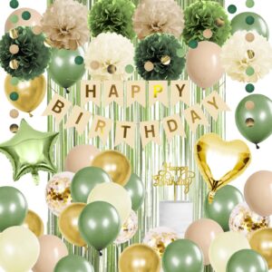 lasocy sage green happy birthday party decorations sage olive green gold retro green balloons nude happy birthday banner neutral rustic botanical greenery décor supplies for women girls baby