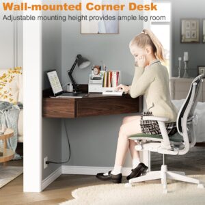 armocity Floating Corner Desk with Outlets & USB Ports, Wall-Mounted Corner Table for Small Space, Triangle Computer Desk with Drawer for Home Office, Vanity Desk, Corner Space, Bedroom, Espresso