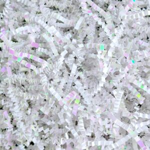 corlcol 1lb diamond white sparkly iridescent crinkle cut paper shred filler for gifts on holiday valentines day birthdays weddings party（3mm）