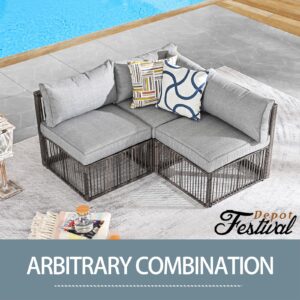 Festival Depot 3 Pieces Patio Conversation Set Sectional Corner Sofa Combination Outdoor Furniture All-Weather Wicker Metal Armless Chairs with Seating Back Cushions Garden Deck Poolside (Grey)