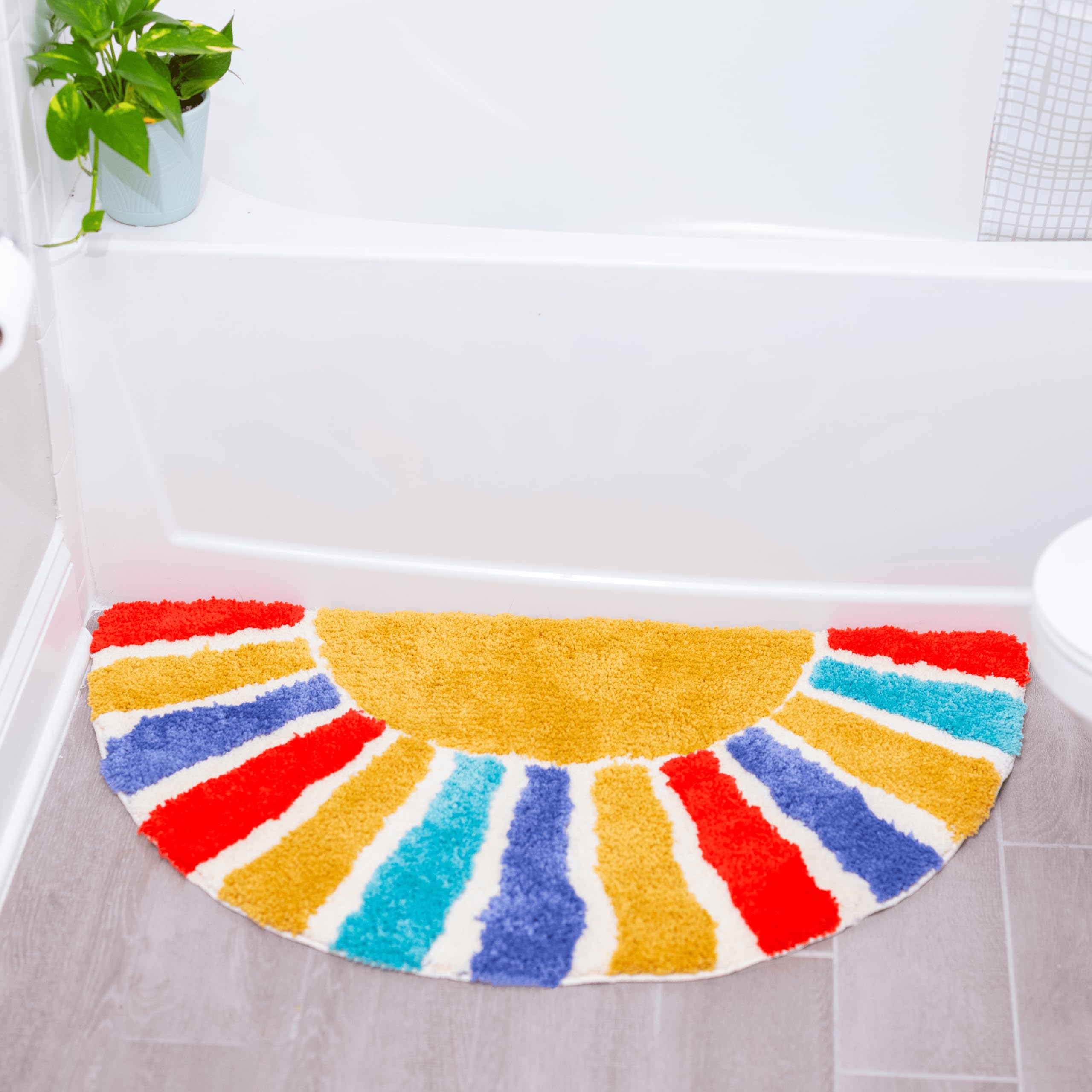 Bathalia Colorful Retro Rainbow Bath Mat, Soft and Fluffy Water Absorbent, Large Half-Circle 20x37 Boho Sun Rug with Non-Slip Backing for Bathroom and Shower Room