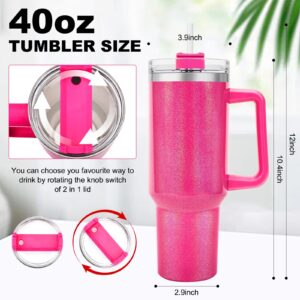 QDXMD 40 oz Tumbler with Handle and Straw Lid, Vacuum Insulated Leak Proof Double Walled Stainless Steel Glitter Travel Mug Tumblers, Maintains Cold Ice and Heat for Hours(Hot Pink)