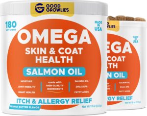 goodgrowlies omega 3 fish oil for dogs (360ct) - skin&coat chews - dry & itchy skin relief + allergy support - shiny coat - epa&dha fatty acids - salmon oil chews promotes heart, hip & joint support