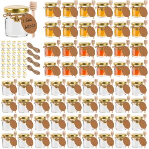 betrome 1.5 oz mini glass honey jars, 60 pack 45ml clear canning jars jam jars with gold lids, wood dipper, bee pendants,twine string,bee stickers &tags -perfect for baby shower,wedding party favors.