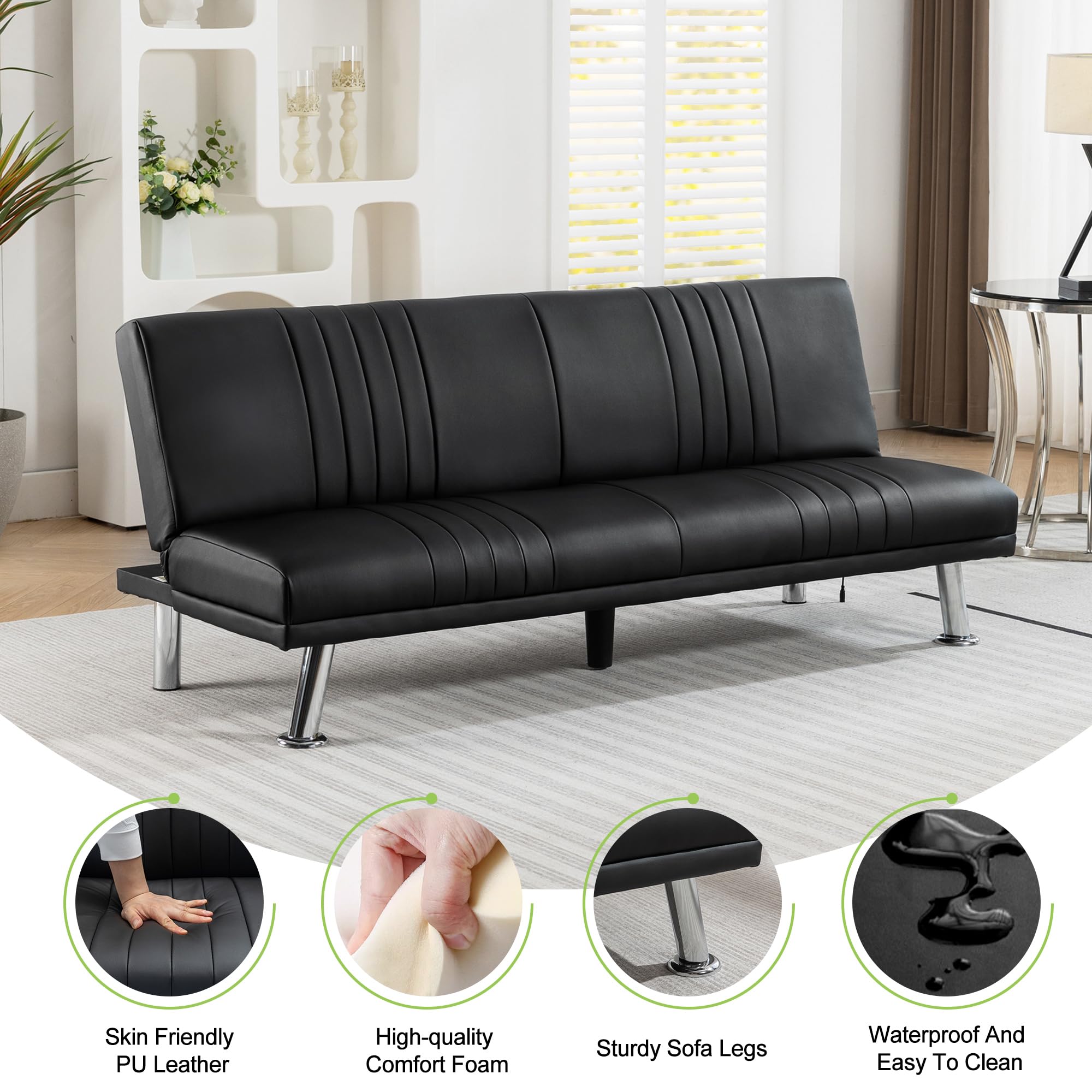 VECELO Modern, Convertible Folding Sleeper Couches Faux Leather Living Room Futon Sofa Bed, Dark Black