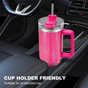 QDXMD 40 oz Tumbler with Handle and Straw Lid, Vacuum Insulated Leak Proof Double Walled Stainless Steel Glitter Travel Mug Tumblers, Maintains Cold Ice and Heat for Hours(Hot Pink)