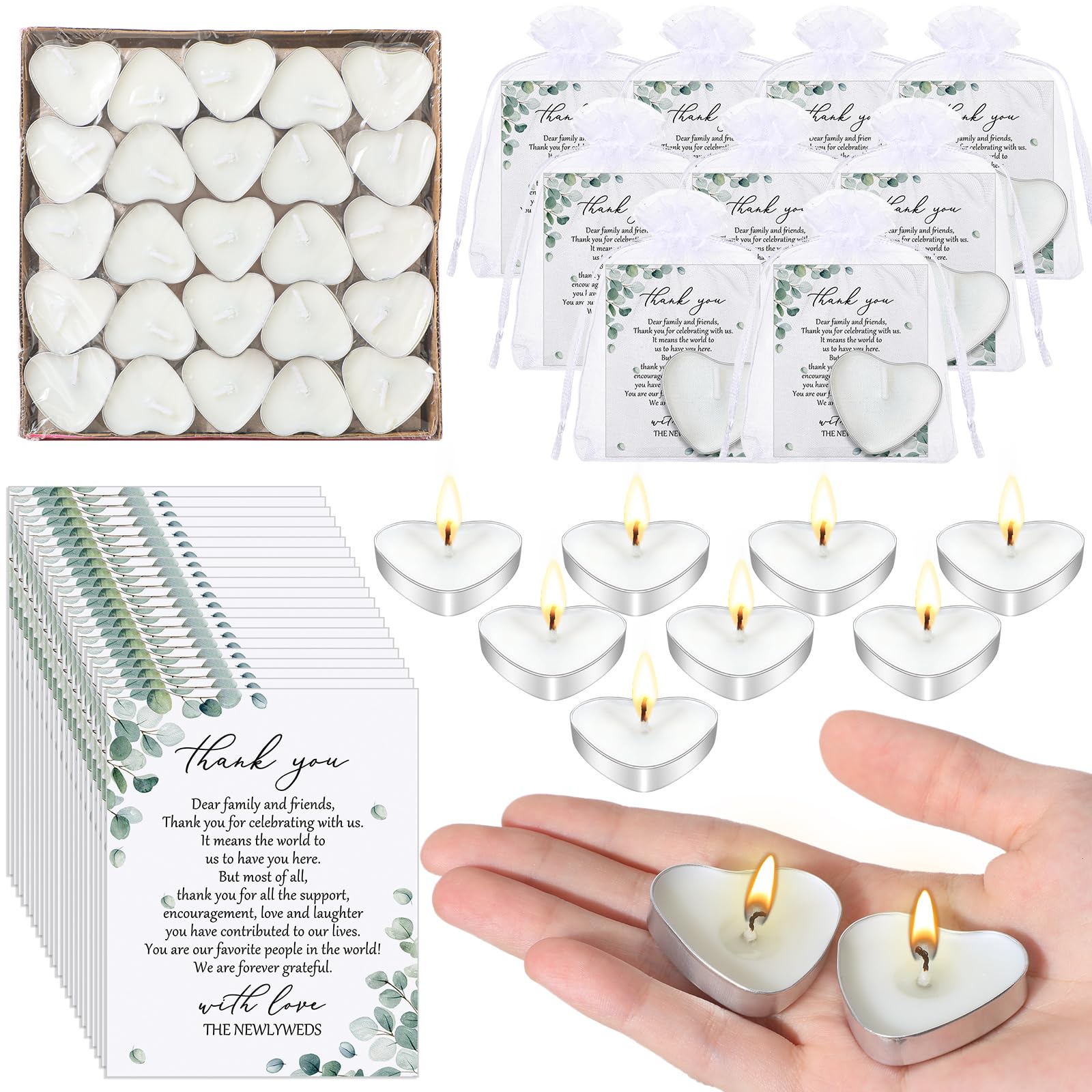 Threlaco 100 Sets Wedding Gifts for Guests Heart Shaped Candles Mini Candles Wedding Candle Gifts for Guests Thank You Cards and Organza Bags for Wedding Party Favors