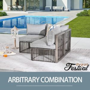 Festival Depot 3 Pieces Patio Conversation Set Sectional Corner Sofa Combination Outdoor Furniture All-Weather Wicker Metal Armless Chairs with Seating Back Cushions Garden Deck Poolside (Grey)