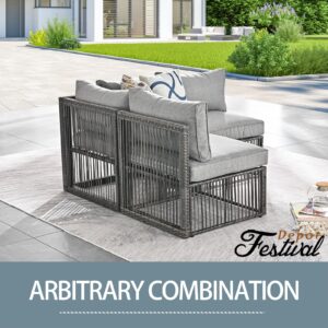 Festival Depot 3 Pieces Patio Conversation Set Sectional Corner Sofa Combination Outdoor Furniture All-Weather Wicker Metal Armless Chairs with Seating Back Cushions Garden Deck Poolside (Grey)