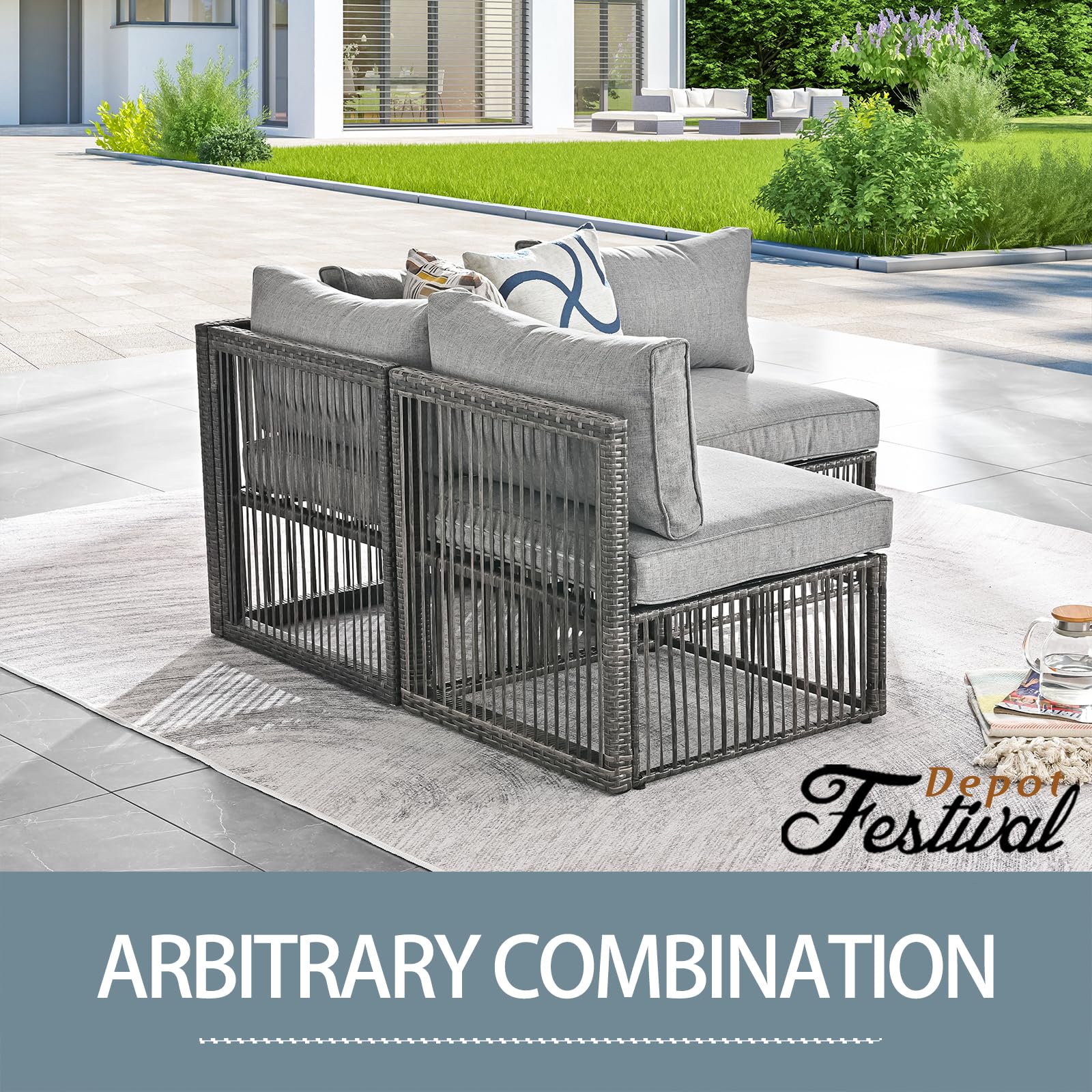 Festival Depot 3 Pieces Patio Conversation Set Sectional Corner Sofa Combination Outdoor Furniture All-Weather Wicker Metal Armless Chairs with Seating Back Cushions Garden Deck Poolside (Grey)