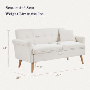 Anranni Loveseat Sofa 64" W Small Sofa Couch, Mid Century Modern Love Seat Couches, 2/3 Seater Mini Sofa for Small Spaces, Comfy Deep Seat Sofa Cama for Living Room, Office, Bedroom