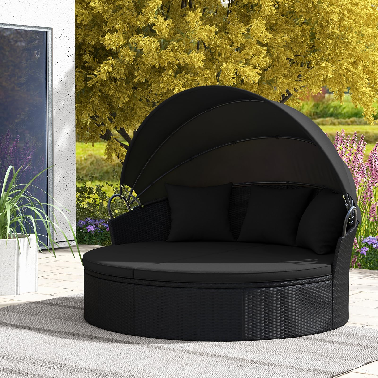 HAPPYGRILL Patio Round Daybed with Retractable Canopy, Separated Seating Sectional Wicker Sofa with Cushions & Pillows, Clamshell Daybed for Backyard Porch Poolside