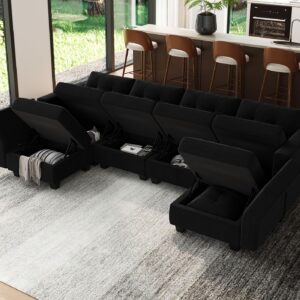 Belffin Modular Sectional U-Shaped Sofa Couch, Oversized Sectional Sleeper Sofa with Chaise and Ottoman, Modular Sofa Set with Stoarge Seat, Black