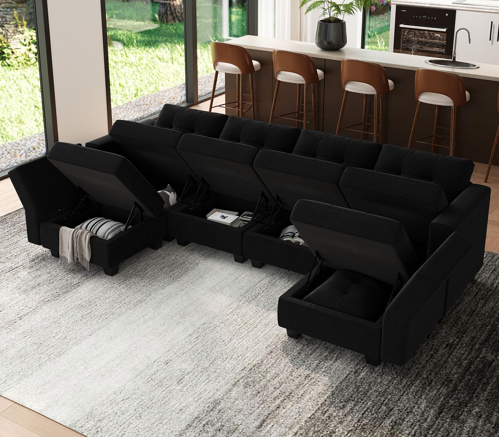 Belffin Modular Sectional U-Shaped Sofa Couch, Oversized Sectional Sleeper Sofa with Chaise and Ottoman, Modular Sofa Set with Stoarge Seat, Black