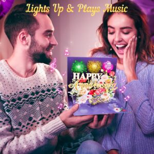 FITMITE Anniversary Card, Music & Light Pop up Valentine's Card with Fireworks Flowers Gifts for Him Her Husband Wife Couple-Purple