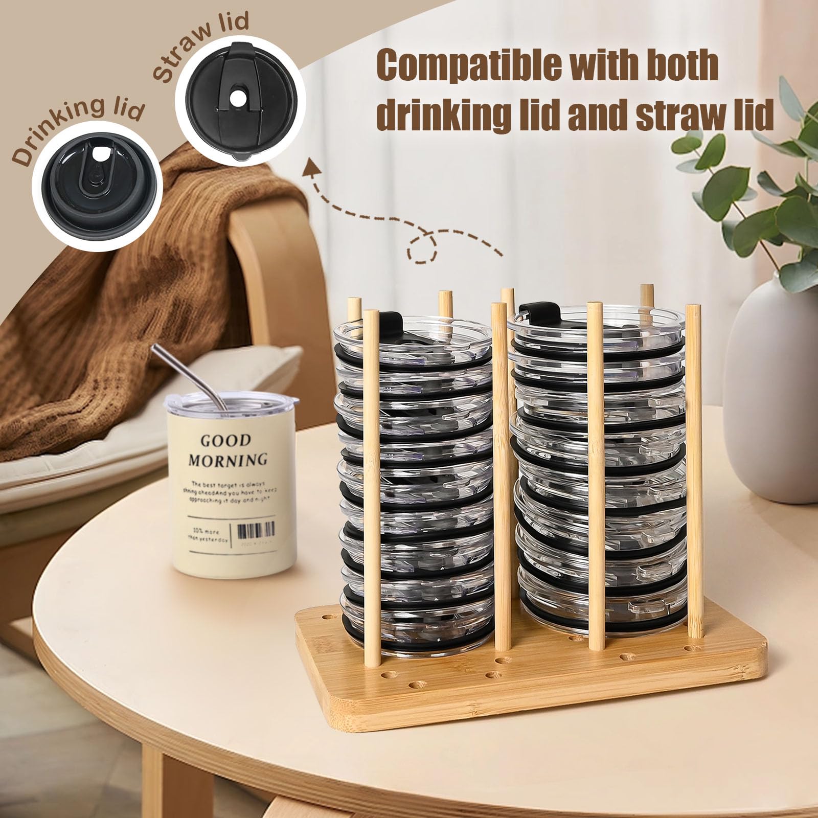 XIXUN Bamboo Tumbler Lid Organizer for Cabinet Extra Thick Base Holds Up to 20 Cups Lid Organizer Compatible with Bamboo Water Bottle Lid Holder Coffee Cup Lid Stacker Easy to Assemble