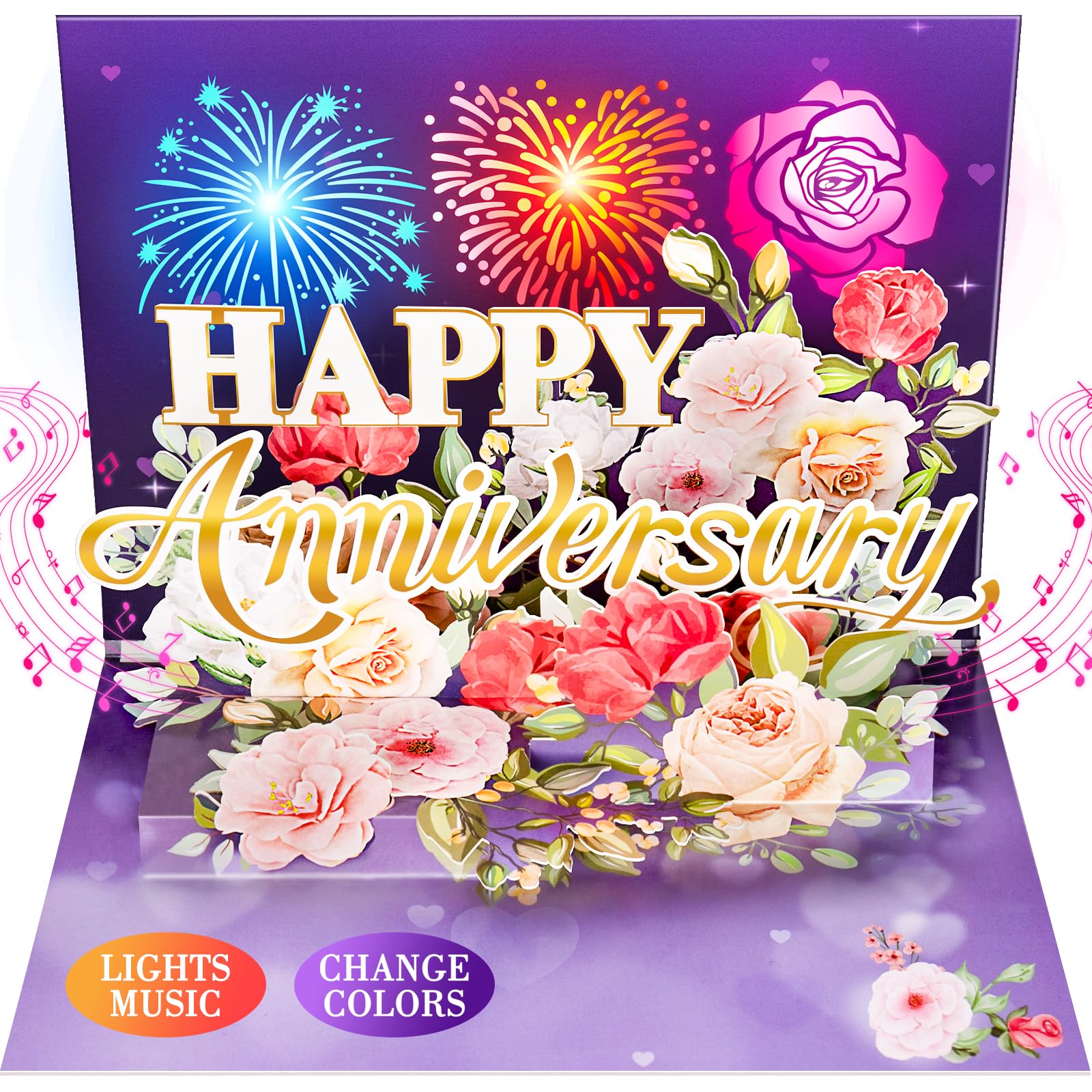 FITMITE Anniversary Card, Music & Light Pop up Valentine's Card with Fireworks Flowers Gifts for Him Her Husband Wife Couple-Purple