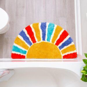 Bathalia Colorful Retro Rainbow Bath Mat, Soft and Fluffy Water Absorbent, Large Half-Circle 20x37 Boho Sun Rug with Non-Slip Backing for Bathroom and Shower Room