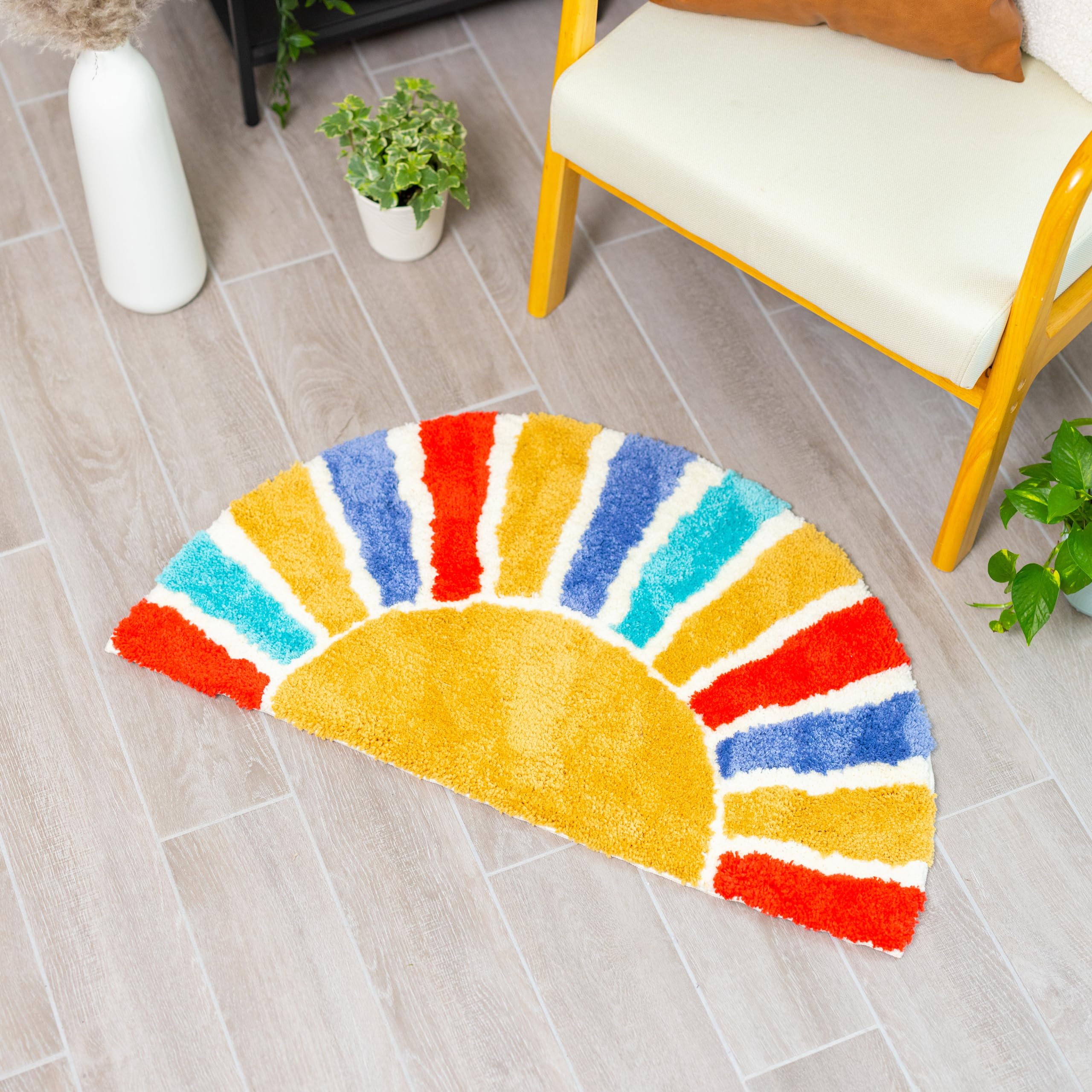 Bathalia Colorful Retro Rainbow Bath Mat, Soft and Fluffy Water Absorbent, Large Half-Circle 20x37 Boho Sun Rug with Non-Slip Backing for Bathroom and Shower Room