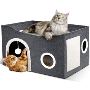 heeyoo cat house for indoor cats - large cat bed cave with fluffy ball and scratch pad, foldable cat houses & condos, cat cubes, cat hideaway, covered cat bed for multi small pet large kitty