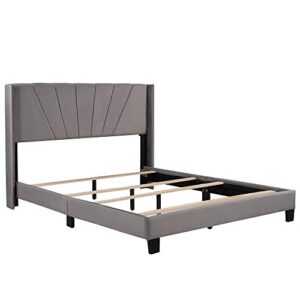 RORIGAT Queen Size Velvet Upholstered Platform Bed with Headboard and Strong Wooden Slats,Noise-Free,No Box Spring Needed,Gray