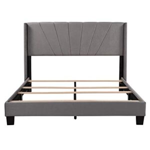 RORIGAT Queen Size Velvet Upholstered Platform Bed with Headboard and Strong Wooden Slats,Noise-Free,No Box Spring Needed,Gray