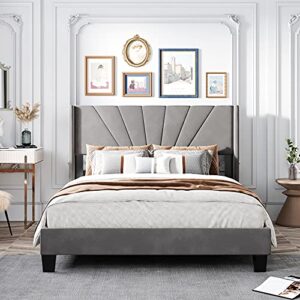 RORIGAT Queen Size Velvet Upholstered Platform Bed with Headboard and Strong Wooden Slats,Noise-Free,No Box Spring Needed,Gray