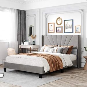 rorigat queen size velvet upholstered platform bed with headboard and strong wooden slats,noise-free,no box spring needed,gray