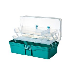 bangqiao 13.40 inch 2-tier trays clear green plastic storage container organizer box, multipurpose portable carrying case with latch lock and handle for art, craft, sewing supplies, first aid, makeup