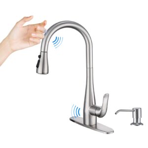 hghgk touch on kitchen faucet with soap dispenser and pull down sprayer - single handle kitchen sink faucet, 1 or 3 hole design for modern farmhouse kitchens, rv, and bar sinks(brushed nickel)