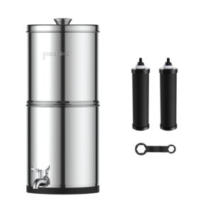 glacier fresh gravity-fed water filter system, stainless steel 2.25g gravity water filter with 2 black carbon filters and metal spigot, for home, camping, and rving