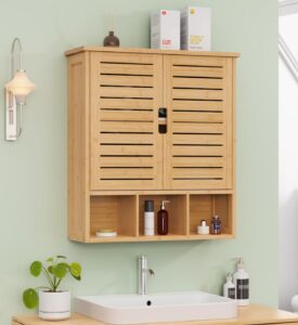 bamboohomie bathroom wall cabinet, bamboo medicine cabinet wall mounted with 2 doors & adjustable shelf, over the toilet storage cabinet for bathroom laundry room kitchen (natural)