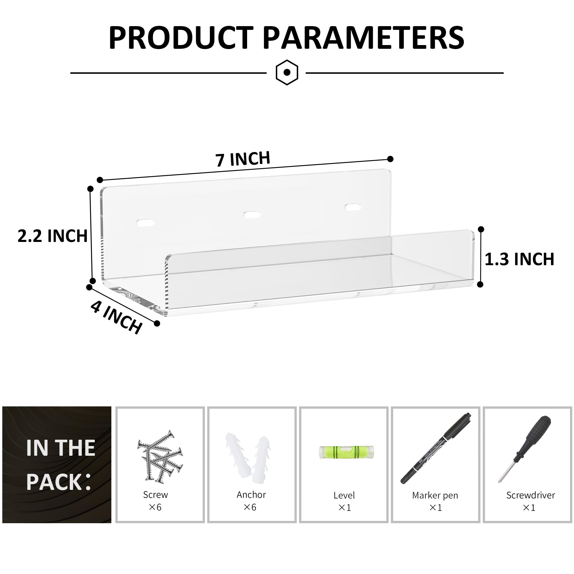 Hexsonhoma 7'' Clear Acrylic Wall Shelf 2 Pack, Acrylic Floating Shelves, Acrylic Small Shelf for Books, Home Décor, Digital Clock, Speaker, Wine Bottle