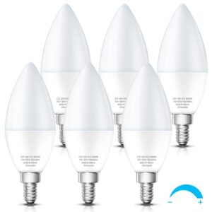 kindeep led candelabra light bulbs dimmable 60 watt equivalent, daylight 5000k, 600lm, e12 candle bulb base 6w ceiling fan lightbulbs type b bulb for chandelier, wall sconces, 6 pack