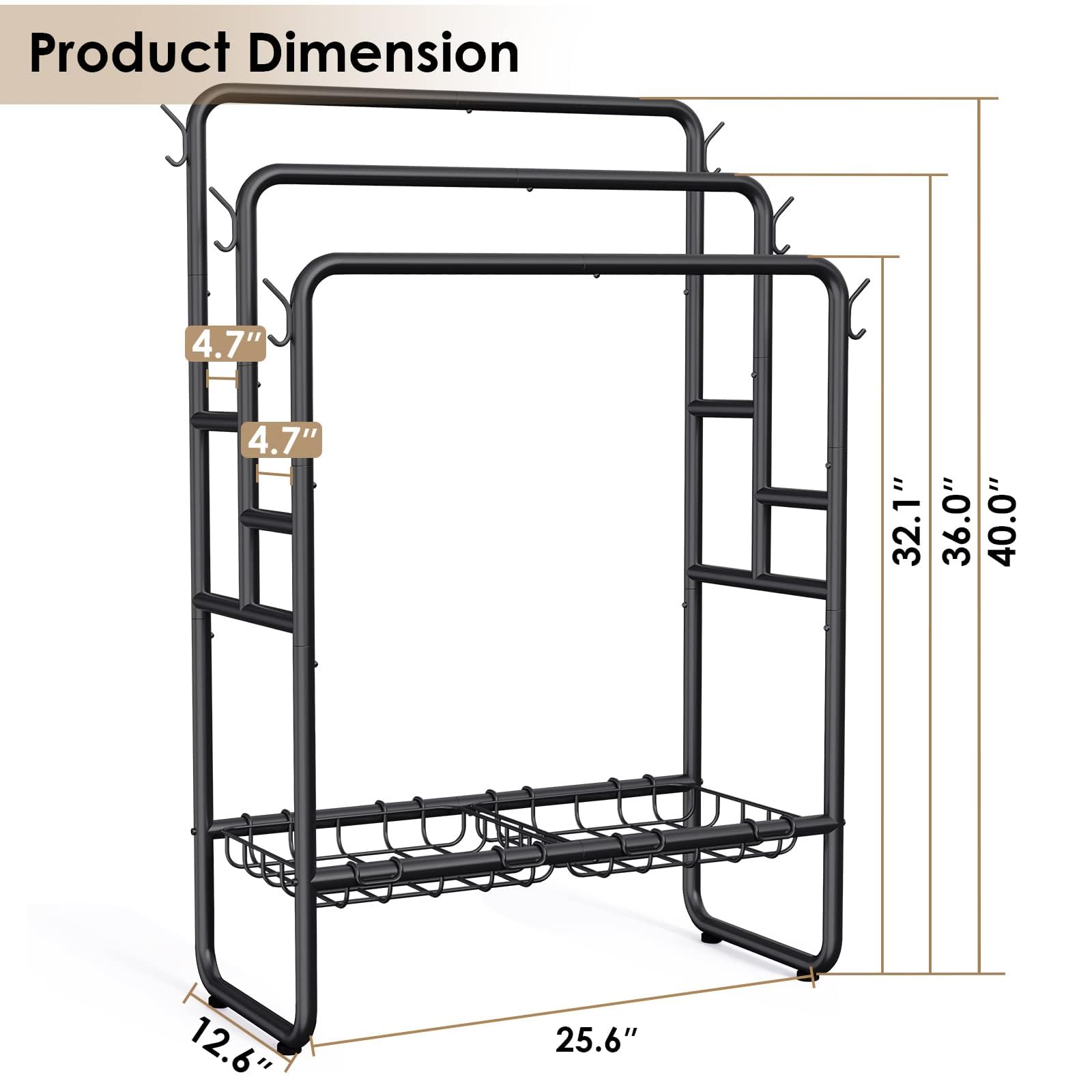 Kayfia 40" Tall Standing Towel Racks, 3 Tier Towel Stand Blanket Rack with 2 Removable Storage Baskets & 6 Hooks, Indoor Outdoor Freestanding Towel Racks for Bathroom Bedroom Organizer (Metal Black)