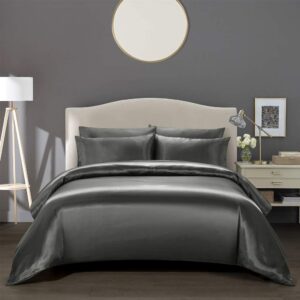 Queen Size Duvet Cover Set 4 Piece Satin Queen Size Dark Gray Duvet Cover Set (Duvet Cover + Fitted Sheet 15'' + 2 Pillow Shams) with Zipper Closure Duvet Fitted Set