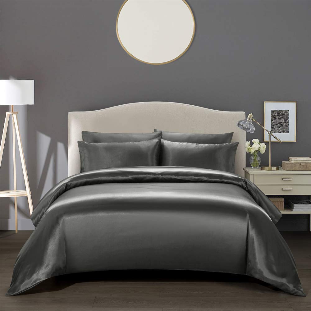 Queen Size Duvet Cover Set 4 Piece Satin Queen Size Dark Gray Duvet Cover Set (Duvet Cover + Fitted Sheet 15'' + 2 Pillow Shams) with Zipper Closure Duvet Fitted Set