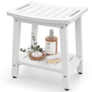 bekvem shower bench for inside shower - white hdpe shower stool waterproof - spa bathroom seat chair with handle, storage shelf, adjustable feet - indoor/outdoor, weather resistant