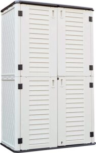 kinying outdoor storage cabinet waterproof, resin vertical outdoor storage shed for patio furniture, garden tools, pool accessories, mower storage (66 cu.ft, off white)