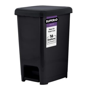 superio kitchen trash can, slim step on garbage can with foot pedal, 16 gallon, 64 qt. large black heavy duty plastic trash and recycling bin