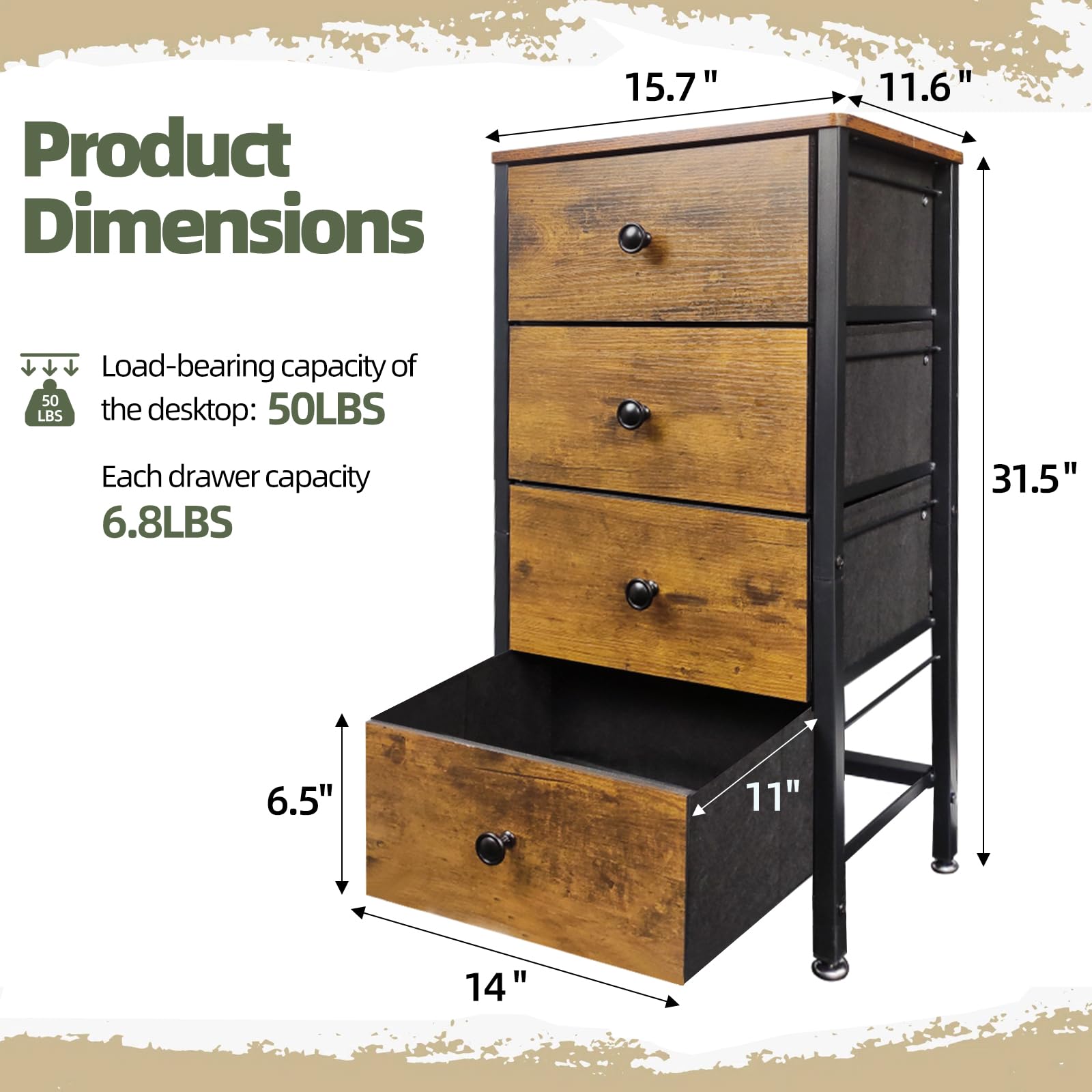 Front & Top Wood Storage Chest of Drawers for Small Space - 16"L ×12"W ×31.5"H Wood and Steel Storage Tower with Removable 4 Fabric Drawers, Combination Dresser for Bedroom,Entryway,Corner,Dark Brown