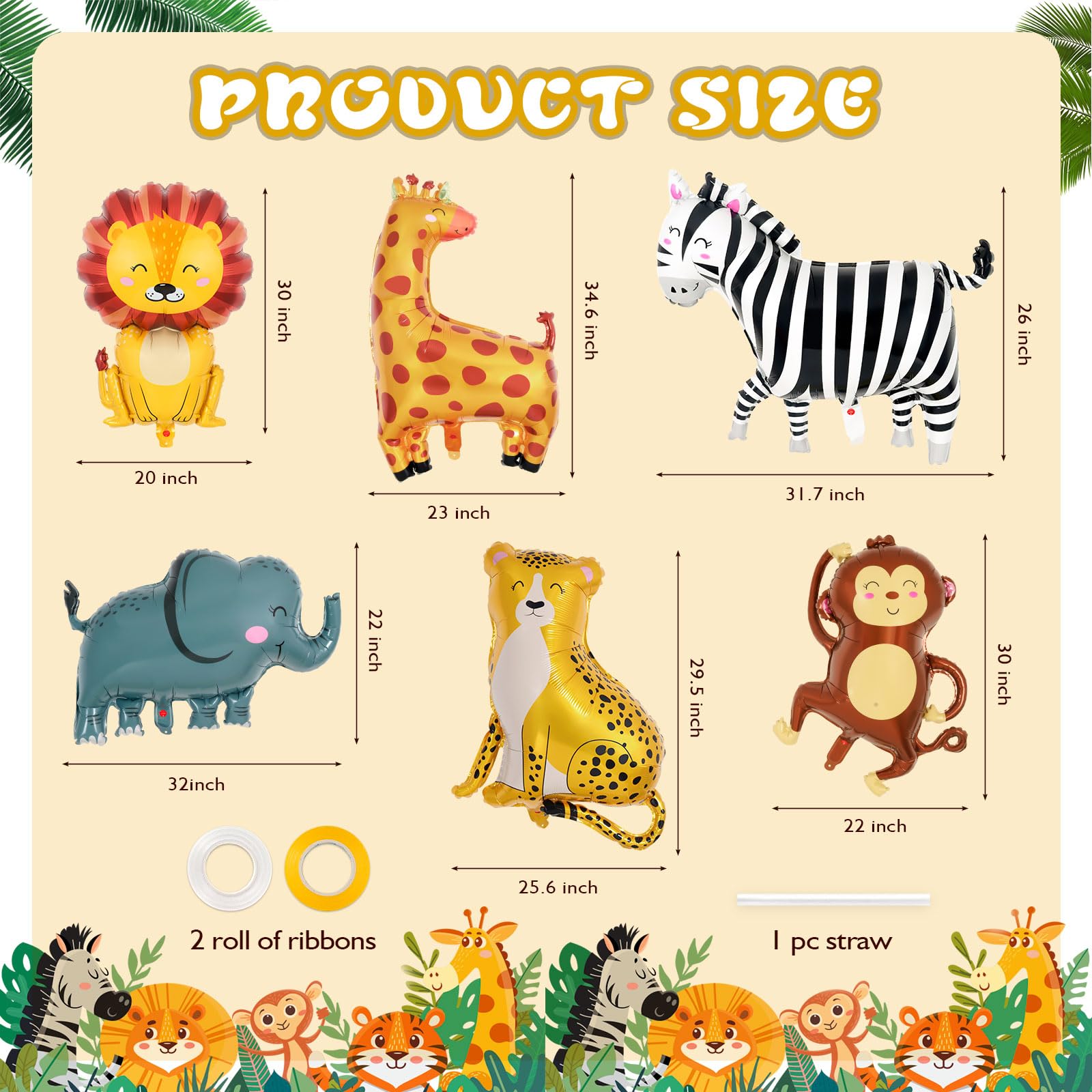 6 Pcs Safari Balloons,Jungle Safari Animals Foil Balloons,Giant Zoo Animal Balloons Zebra Elephant Monkey Lion Giraffe Leopard Shaped Animal Balloons for Zoo Wildlife Theme Birthday Party Decorations