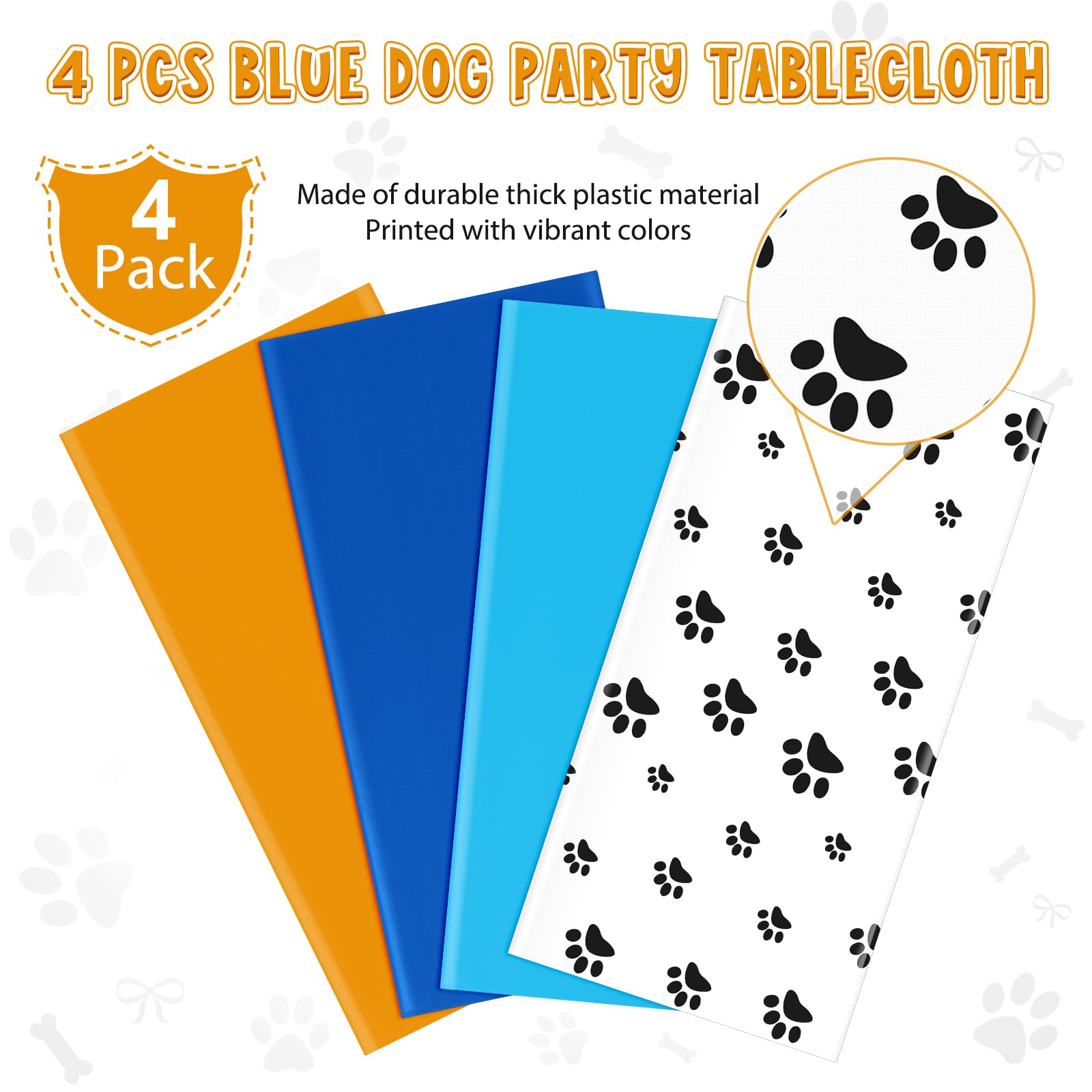 MASHAN 4 Pack Paw Print Plastic Tablecloths,Blue Orange Puppy Table Cloth Disposable Rectangle Table Covers for Kids Birthday Party, Dog Puppy Birthday Party Decorations and Supplies, 108 * 54inch