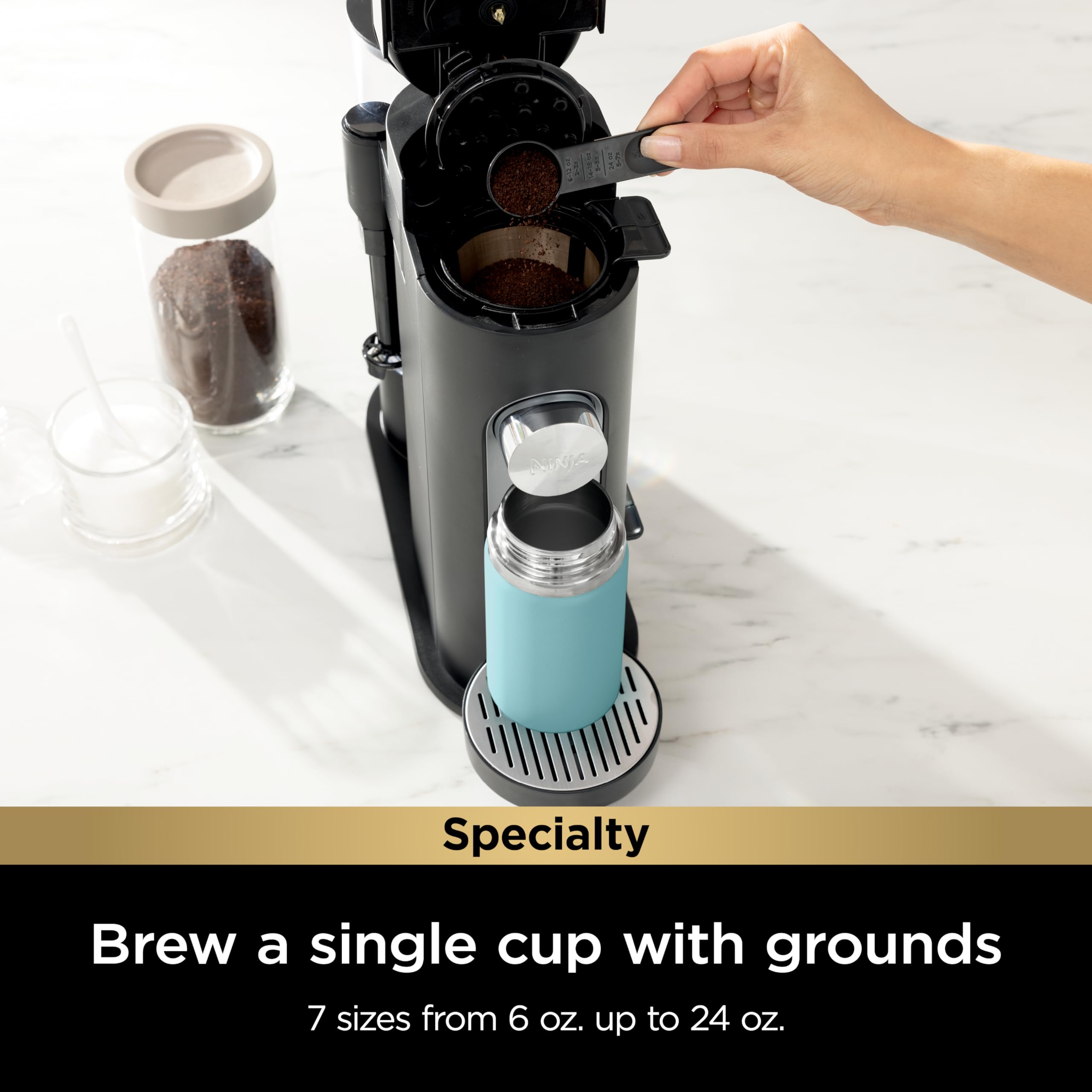 Ninja PB051 Pods & Grounds Specialty Single-Serve Coffee Maker, Compatible with K-Cups, Built-In Milk Frother, 6-oz. Cup to 24-oz. Travel Mug Sizes, Black (Renewed)