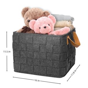 GIB Large Woven Felt Storage Baskets with Handles, 16"x11.8"x11.5" Fabric Wicker Storage Baskets Foldable Collapsible Storage Bins for Blankets Toys Clothes Shoes, Black/Dark Grey, 2 Pack