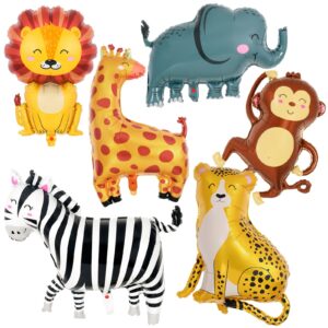 6 pcs safari balloons,jungle safari animals foil balloons,giant zoo animal balloons zebra elephant monkey lion giraffe leopard shaped animal balloons for zoo wildlife theme birthday party decorations